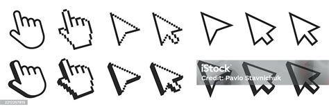 Mouse Click Cursor Set Hand Pointer With Shadow Cursor Set In Hand And Arrow Forms Pixel Cursor