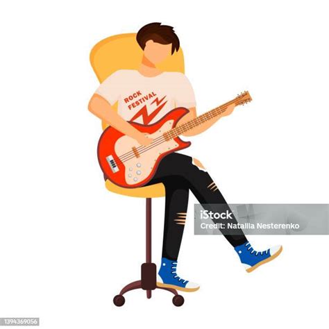 일렉트릭 기타 세미 플랫 컬러 벡터 캐릭터를 연주하는 소년 Performing Arts Event에 대한 스톡 벡터 아트 및