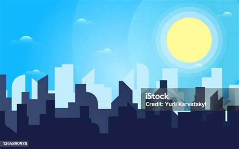 아침 낮 도시 스카이 라인 풍경 다른 시간에 마을 건물과 도시 도시 풍경 마을 하늘 주간 도시 경관 건축 실루엣 다운타운 벡터 배경 전단지 카드용 플랫 디자인 0명에 대한