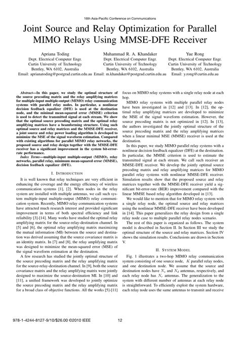 Pdf Joint Source And Relay Optimization For Parallel Mimo Relays Using Mmse Dfe Receiver