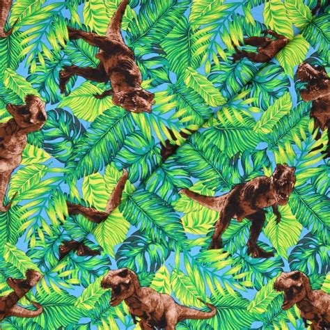 T Rex Fabric T Rex Printed On Light Blue Navy Blue Etsy
