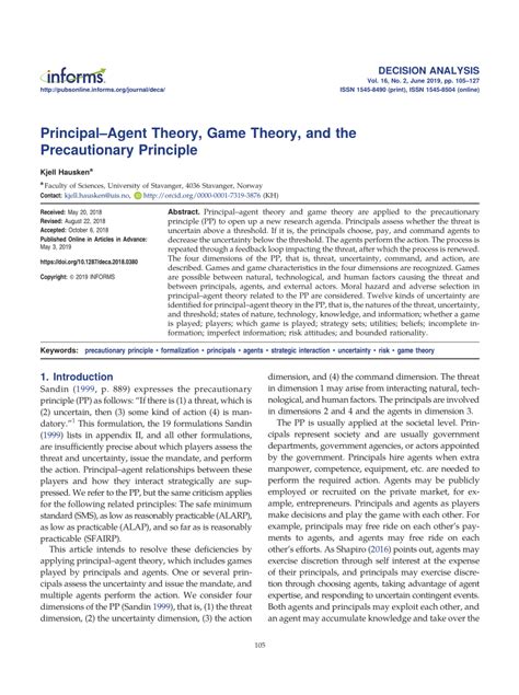 Pdf Principal Agent Theory Game Theory And The Precautionary Principle