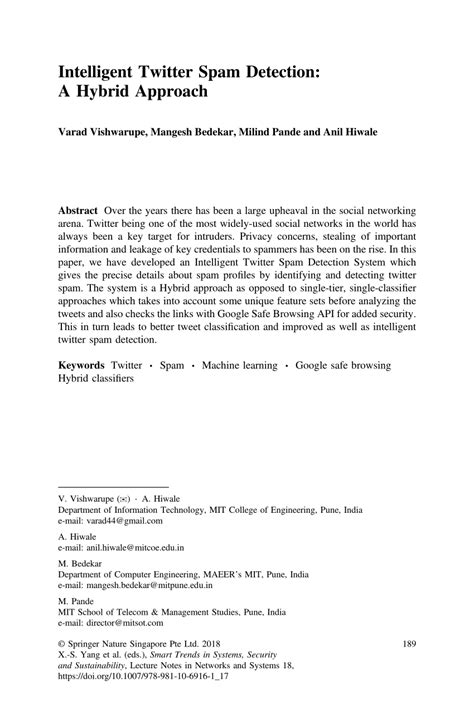 Pdf Intelligent Twitter Spam Detection A Hybrid Approach