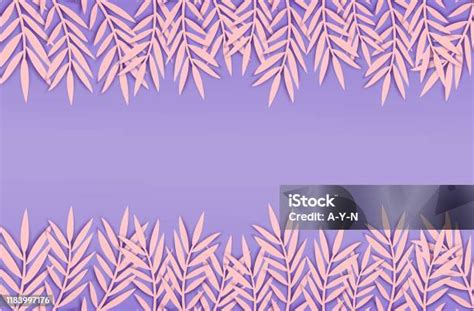 추상 종이 컷 핑크 잎 가로 테두리 배너 디자인 파티 초대 벡터 꽃 템플릿입니다 정글 단풍 그림입니다 보라색 배경에 열대 종이 손바닥 잎 0명에 대한 스톡 벡터 아트 및