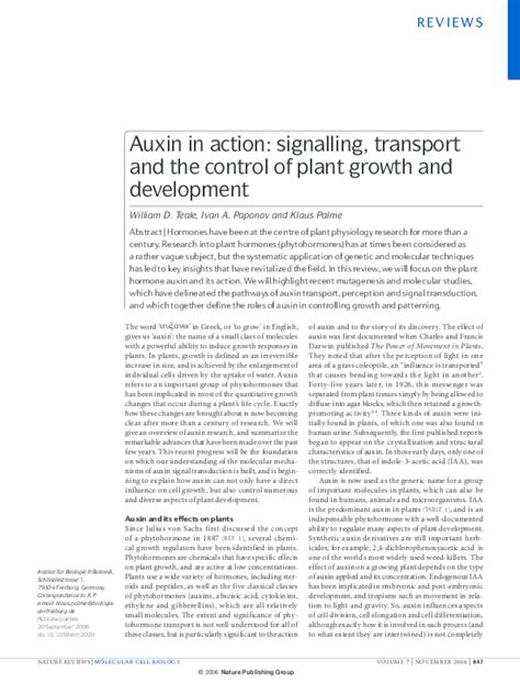 Pdf Auxin In Action Signalling Transport And The Control Of Plant Growth And Development