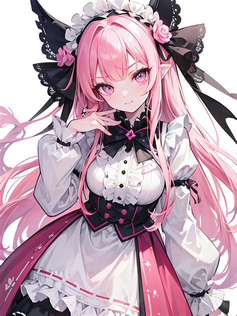 분홍색 머리와 흑백 드레스를 입은 애니메이션 소녀 Seaart Ai