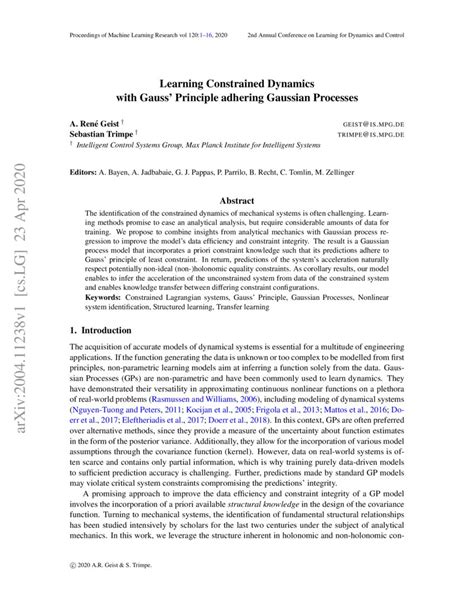 Learning Constrained Dynamics With Gauss Principle Adhering Gaussian Processes Deepai