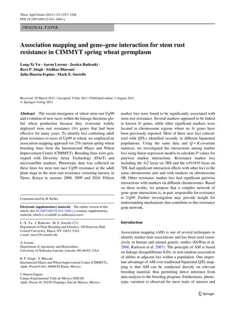 Pdf Association Mapping And Gene Gene Interaction For Stem Rust Resistance In Cimmyt Spring