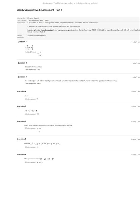 Liberty University Math Assessment Part 1 Complete Latest 2020 Solutions Browsegrades