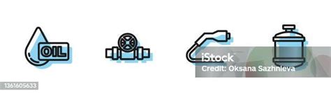 설정 라인 전기 케이블 플러그 충전 오일 드롭 금속 파이프 및 밸브 및 프로판 가스 탱크 아이콘 벡터 가연성에 대한 스톡 벡터 아트 및 기타 이미지 Istock