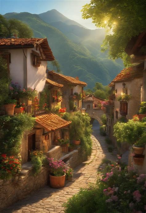 작은 산 마을그리고 태양은 밝게 빛나고 있었다지브리 같은 색상고해상도매우 상세한 Seaart Ai
