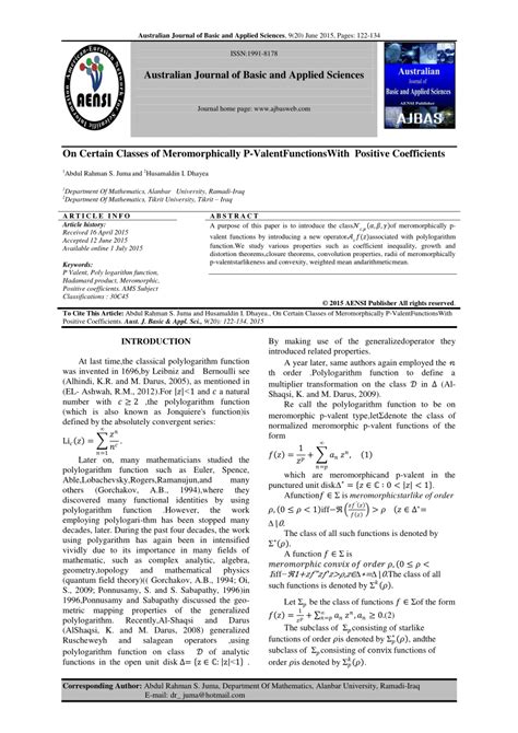 Pdf On Certain Classes Of Meromorphically P Valentfunctionswith Positive Coefficients