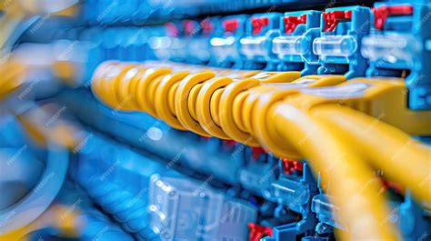 Yellow Network Cables Connected To An Industrial Switch In The Data Center Symbolizing