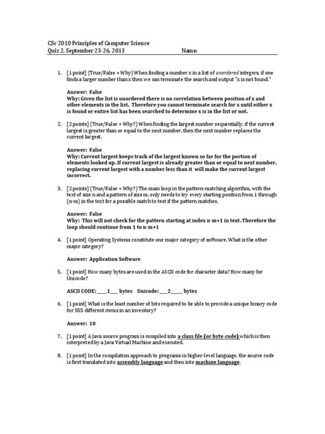 Csc 2010 Principles Of Computer Science Quiz 2 September 23 26 2013 Name Pdf Computer