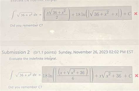 Solved Evalua 36 x² dx Did you remember C I x 36 x² 2 Chegg com