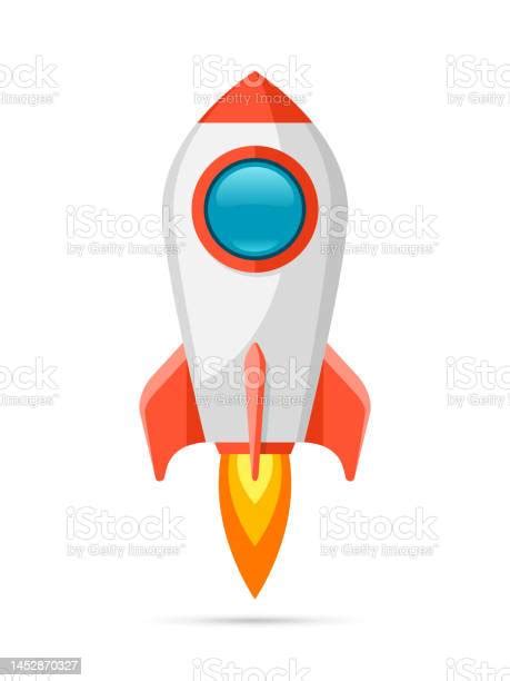 플랫 스타일의 로켓 우주선 아이콘입니다 흰색 배경에 우주선 이륙 그림을 시작합니다 프로젝트를 위한 벡터 디자인 개체 Launch Party에 대한 스톡 벡터 아트 및 기타