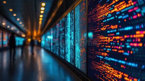 Modern Data Center Interior Shows Staff Walking Past Large Screens