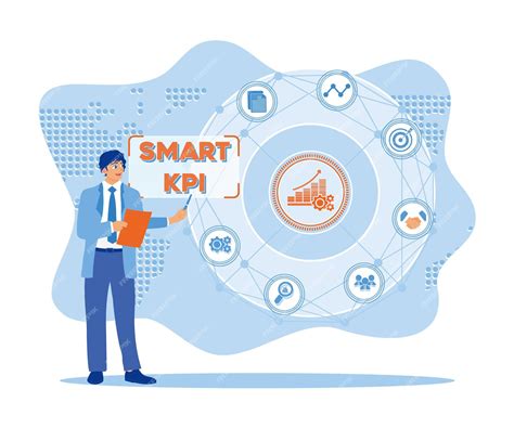 가상 화면에서 Smart Kpi 비즈니스 기술에 액세스하는 기업가 프리미엄 벡터