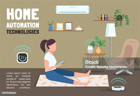 홈 오토메이션 기술은 플랫 벡터 템플릿을 배너합니다 Iot 브로셔 만화 캐릭터가 있는 포스터 컨셉 디자인 지능형 국내 장치 수평 전단지 텍스트 장소 전단지 가공의 인물에