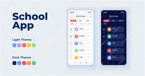 학교 응용 프로그램 만화 스마트폰 인터페이스 벡터 템플릿 집합입니다 온라인 교육 모바일 앱 화면 페이지 데이 및 다크 모드