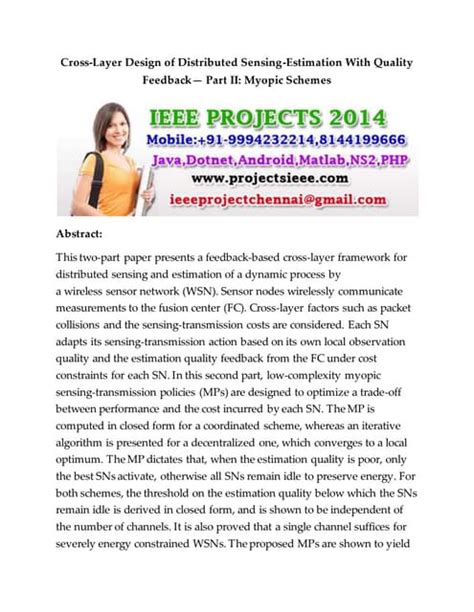 Cross Layer Design Of Distributed Sensing Estimation With Quality Feedback— Part Ii Myopic