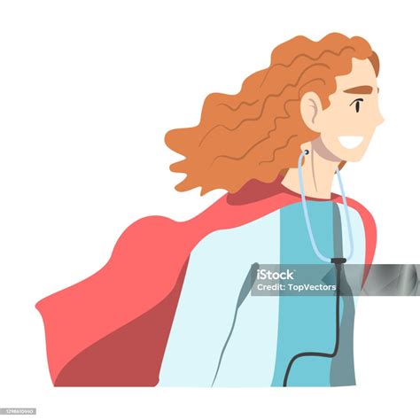 흔들리는 케이프를 입고 웃는 여성 의사 슈퍼 히어로 사람들을 돕는 자신감 의사 의료 및 안전 개념 만화 스타일 벡터 일러스트