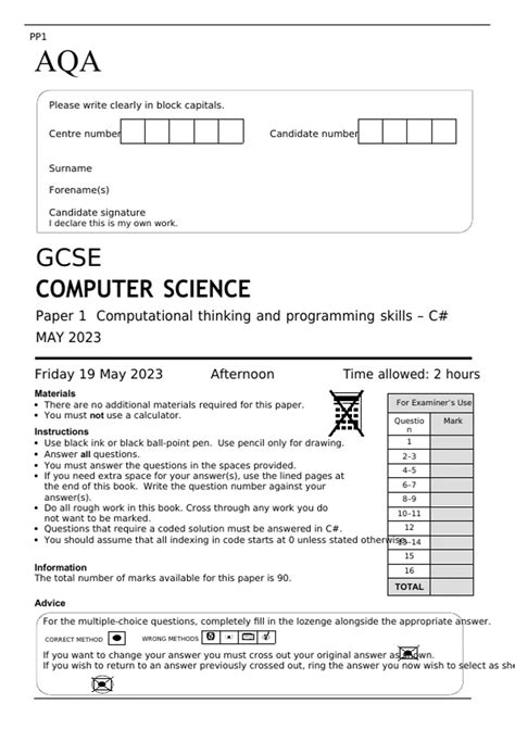 Aqa Gcse Computer Science Paper 1 May 2023 Final Question Paper Computational Thinking And
