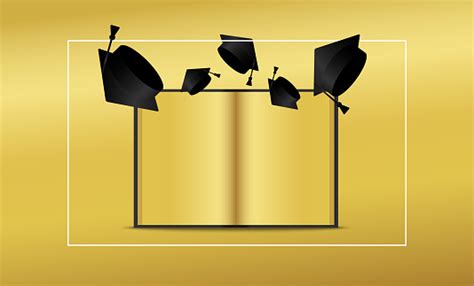 휴일의 클래스입니다 교육 학술 모자와 황금 배경에 금 페이지와 오픈 책 졸업 디자인 프레임 고등학교 대학 축 하 졸업생을 위한 템플릿입니다 벡터 그림입니다 공부에 대한 스톡