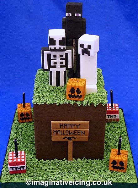 Minecraft Halloween Cake Grass Cube Skeleton Ghost Creeper Enderman Square Pumpkins Tnt