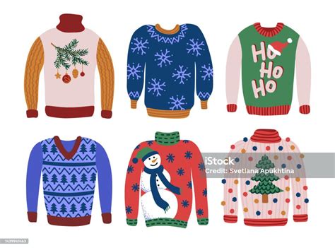 못생긴 크리스마스 파티를 위한 스웨터 세트 다른 귀여운 지문과 장식품과 따뜻한 니트 점퍼 스웨터에 대한 스톡 벡터 아트 및 기타 이미지 Istock