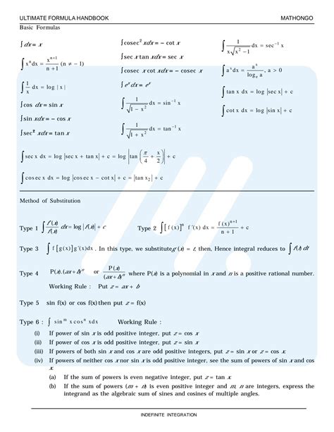 SOLUTION Indefinite Integration Formulas Handbook Mathongo Studypool
