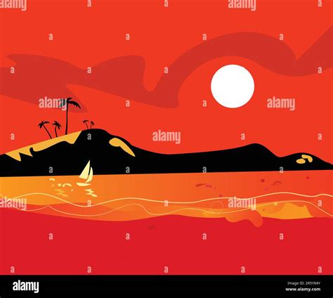 Vector Illustration Of Sunset On Tropical Island Beach Stock Vector Image And Art Alamy