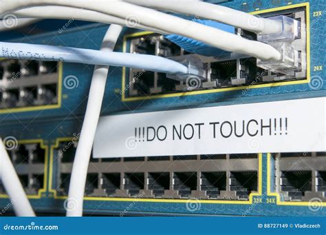 Router With Plugged In Cables And A Sign Of DO NOT TOUCH Stock Image Image Of Networking
