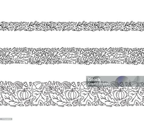 도토리 호박 가을 오크 잎이 검은 색으로 매끄러운 패턴 장식 모노 라인 세트 벽지 선물 용지 채우기 웹 페이지 배경 인사말 카드에 적합 10월에 대한 스톡 벡터 아트 및