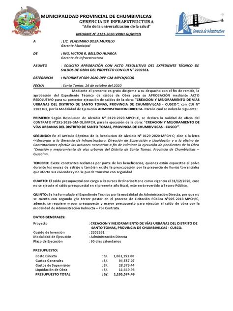 Informe N°2121 Aprobacion De Expediente Tecnico Con Acto Resolutivo
