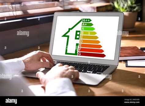Energy Efficiency Man Using Laptop With Colorful Rating On Display At