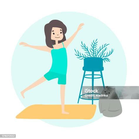 집에서 아침 요가를하는 소녀 스트레칭 피트 니스 웰빙 건강 관리 라이프 스타일 매일 일상 활동 고양이와 함께하는 삶 벡터 플랫