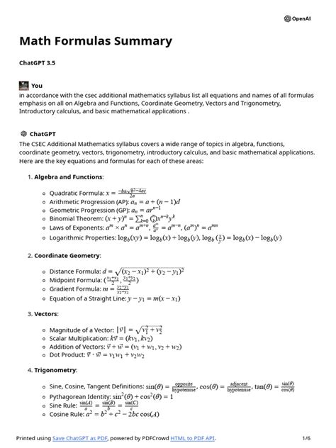 Math Formulas Summary Pdf Trigonometric Functions Elementary Geometry