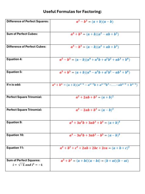 Factoring Formulas Pdf