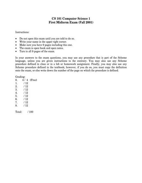 Cs 101 Computer Science 1 First Midterm Exam Fall 2001