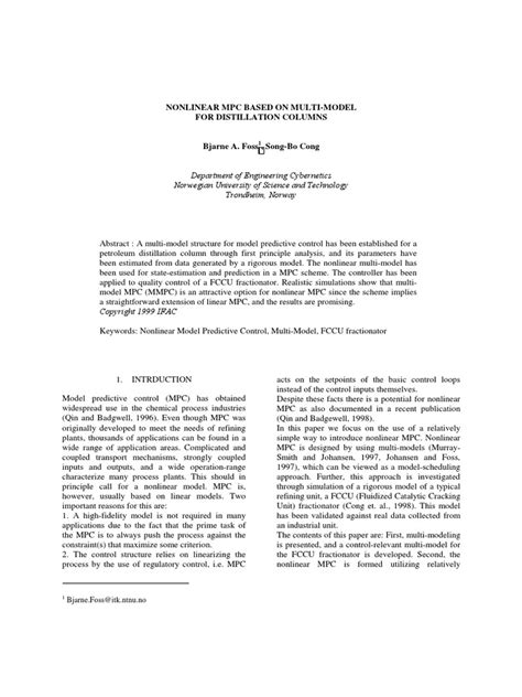 pdf nonlinear mpc based on multi model for distillation columns