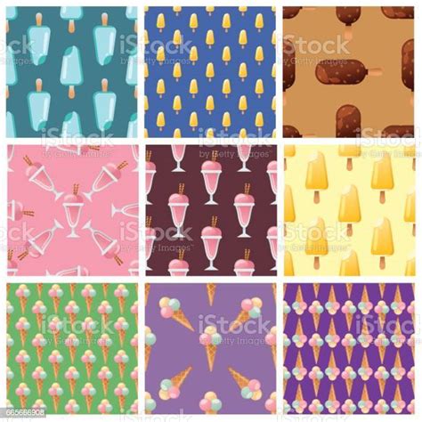 과일 사탕 컬렉션 냉동 아이스크림 원활한 패턴 배경 만화 화려한 디저트 벡터 일러스트 레이 션 달콤한 스낵 격리 아이콘 콘 설정