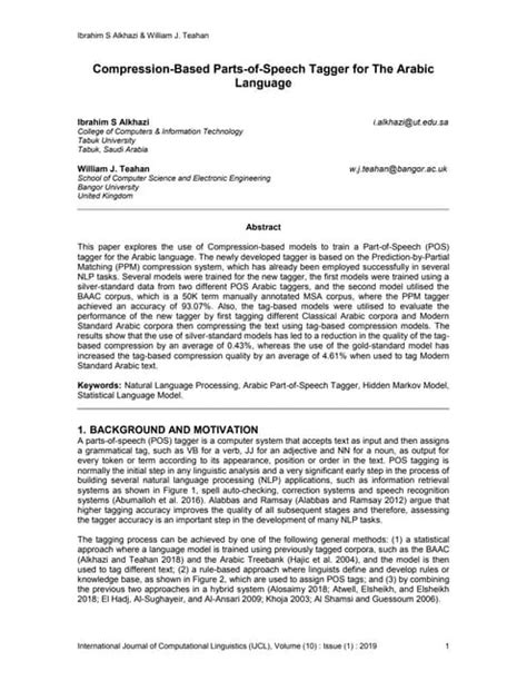 Compression Based Parts Of Speech Tagger For The Arabic Language Pdf