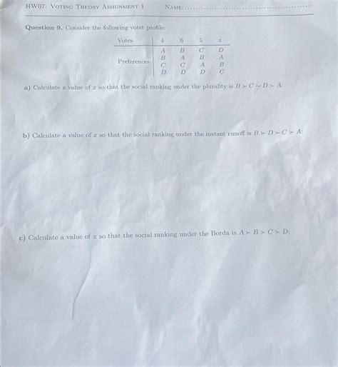 Solved HW VOTING THEORY ASSIGNMENT NAME Question Chegg
