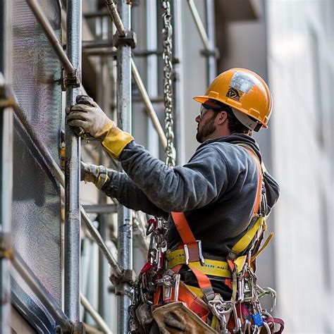 Construction Worker Assembling Scaffolding On Building Exterior Construction Worker Assembling Scaffolding On Building Exterior