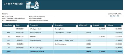 Check Register With Transaction Codes Template In Excel Downloadxlsx