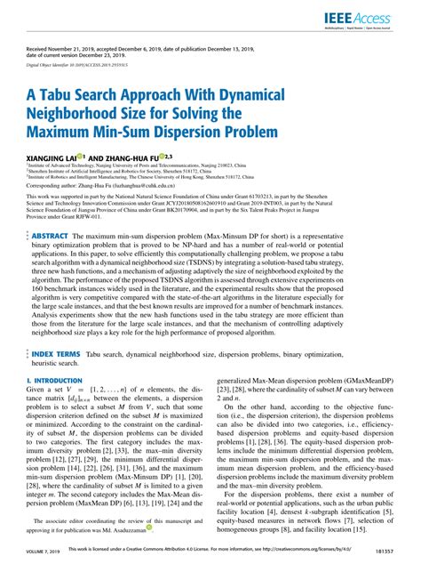 Pdf A Tabu Search Approach With Dynamical Neighborhood Size For Solving The Maximum Min Sum