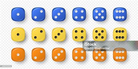 벡터 3d 현실적인 파란색 노란색 주황색 게임 주사위 아이콘 세트 근접 촬영 도박용 게임 큐브 1개에서 6개의 점 둥근 모서리 노랑에 대한 스톡 벡터 아트 및 기타 이미지