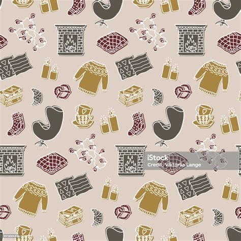 Hygge 완벽 한 패턴입니다 귀여운 그림의가 및 겨울 Hygge 요소 스칸디나비아 스타일 인쇄입니다 벡터 배경 화면입니다 가을에 대한 스톡 벡터 아트 및 기타 이미지