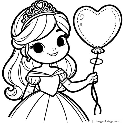 Coloring Page Princess Holding A Heart Shaped Balloon